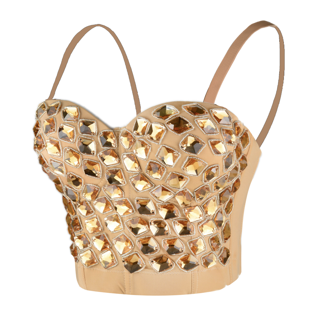 Women's Gold Rhinestone Beaded Punk Bustier Crop Top Party Club Corset ...